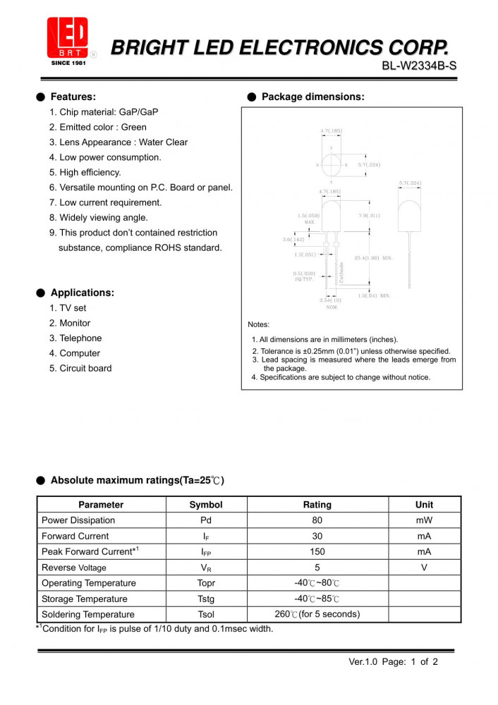 BL-W2334B-S datasheet page 1