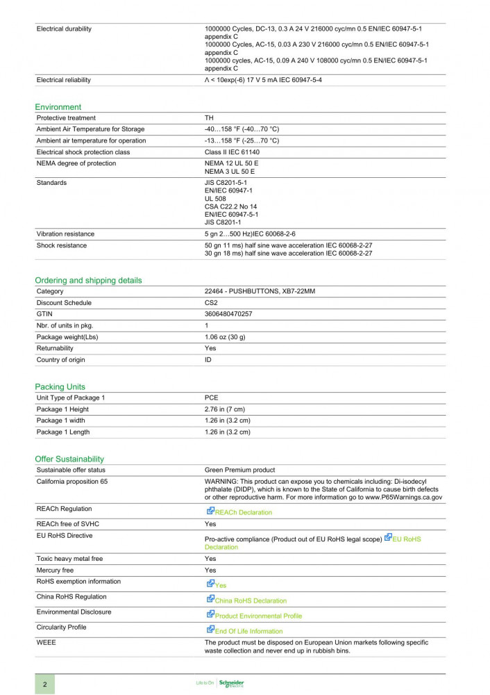XB7ND25 technical document page 2