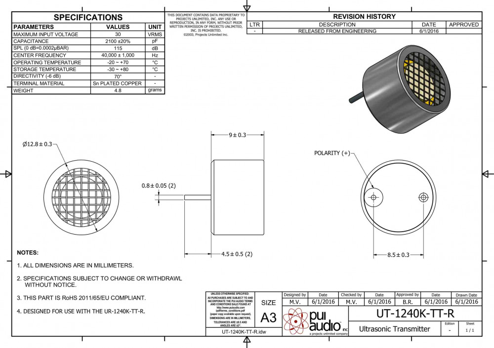 UT-1240K-TT-R ultrasonic transmitter specification and mechanical drawing