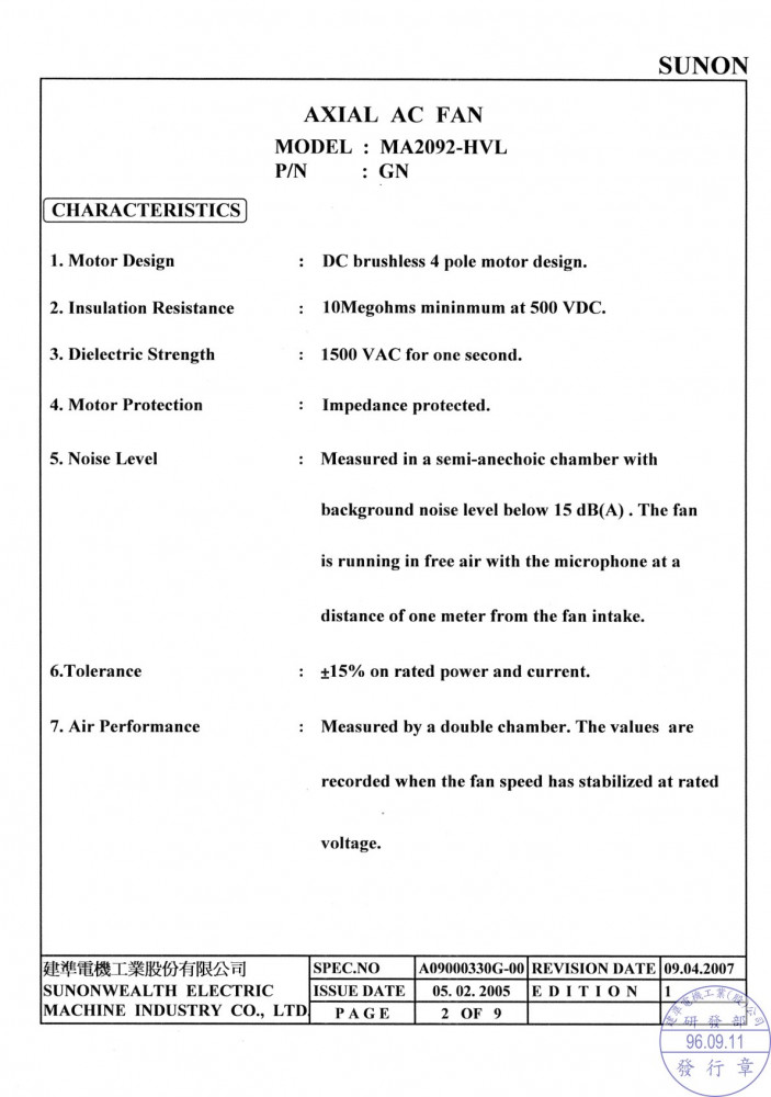 SUNON MA2092-HVL.GN specification page 2