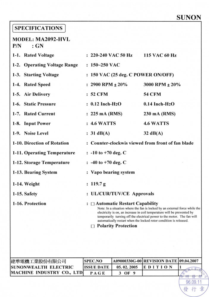 SUNON MA2092-HVL.GN specification page 3