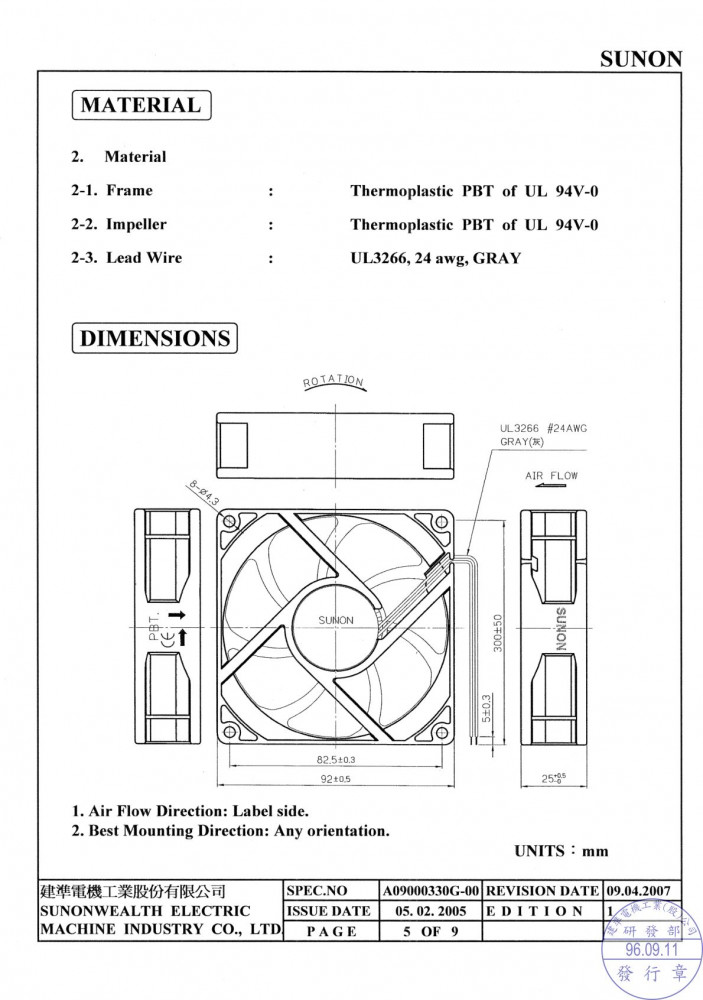 SUNON MA2092-HVL.GN material and dimensions