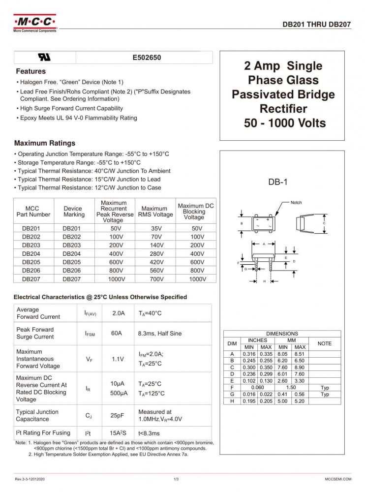 MCC DB201-BP datasheet page 1