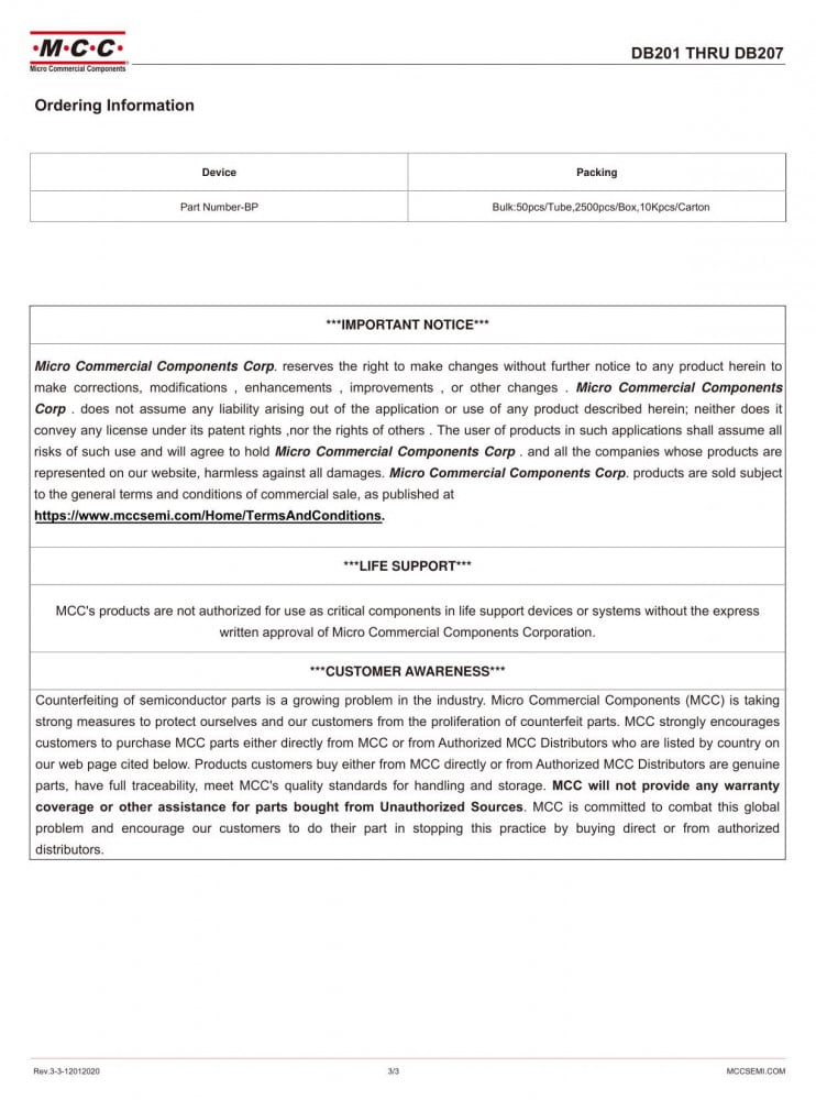 MCC DB201-BP datasheet page 3