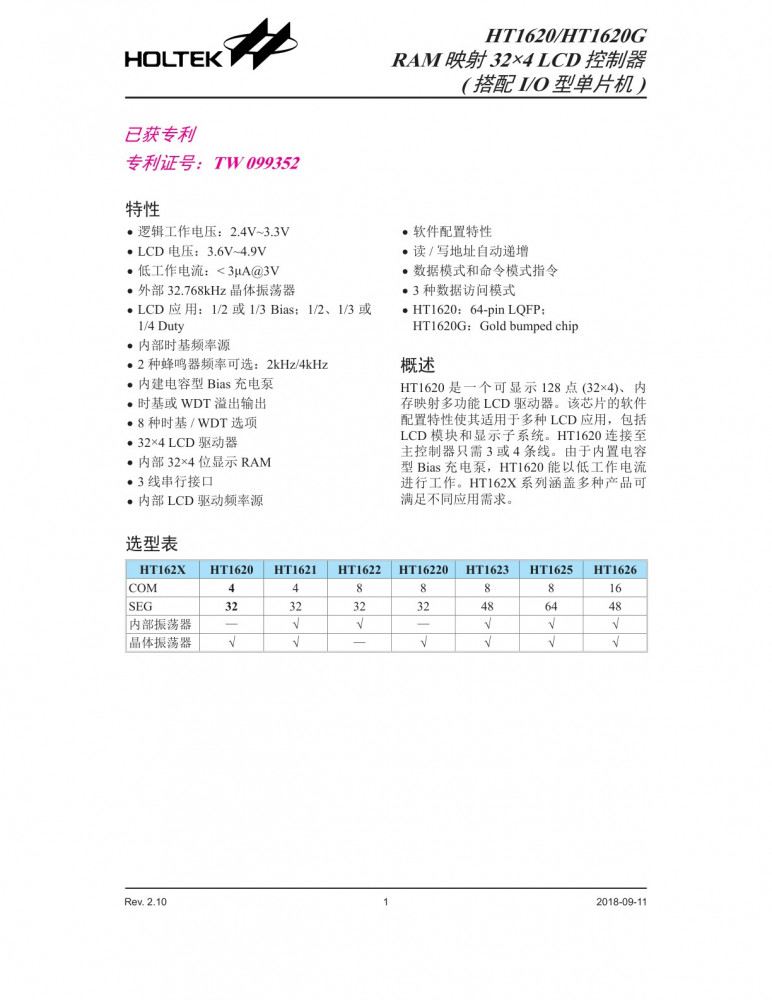 HT1620 datasheet page 1