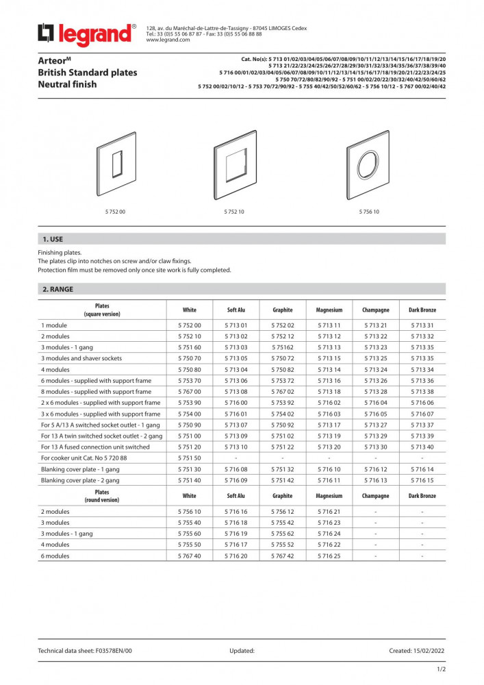 Legrand ArteorM British Standard plate technical document image 1