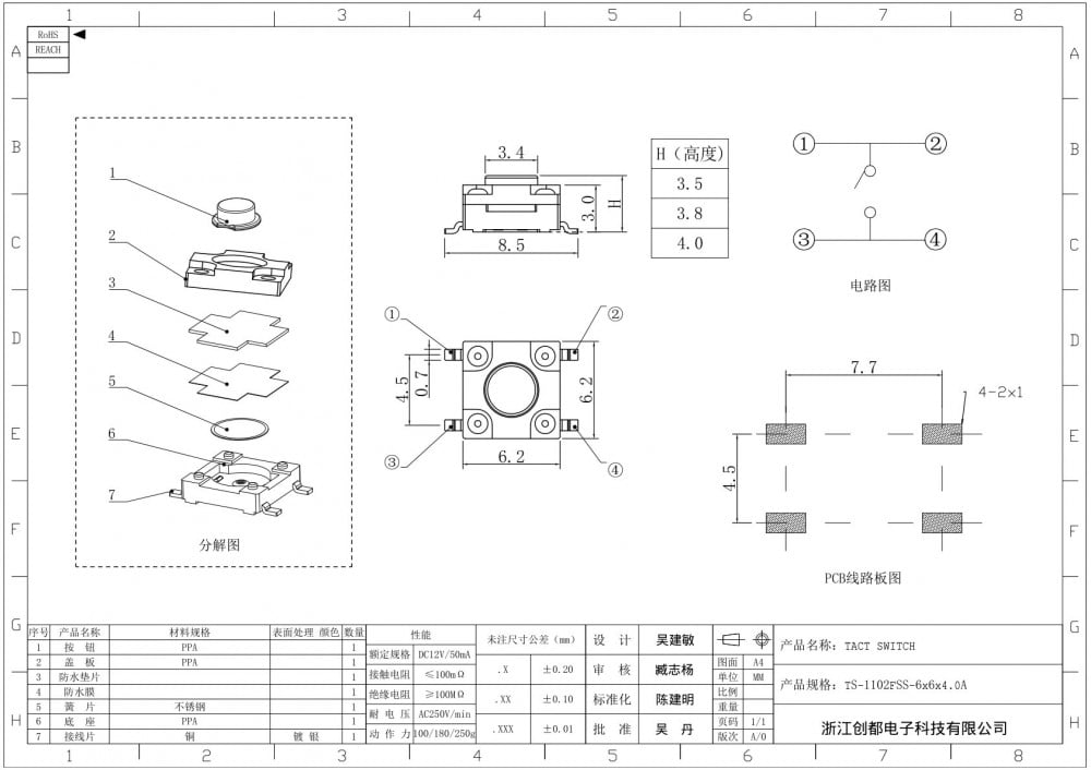 CAX TS-1102FSS-6x6x4.0A technical document page 1