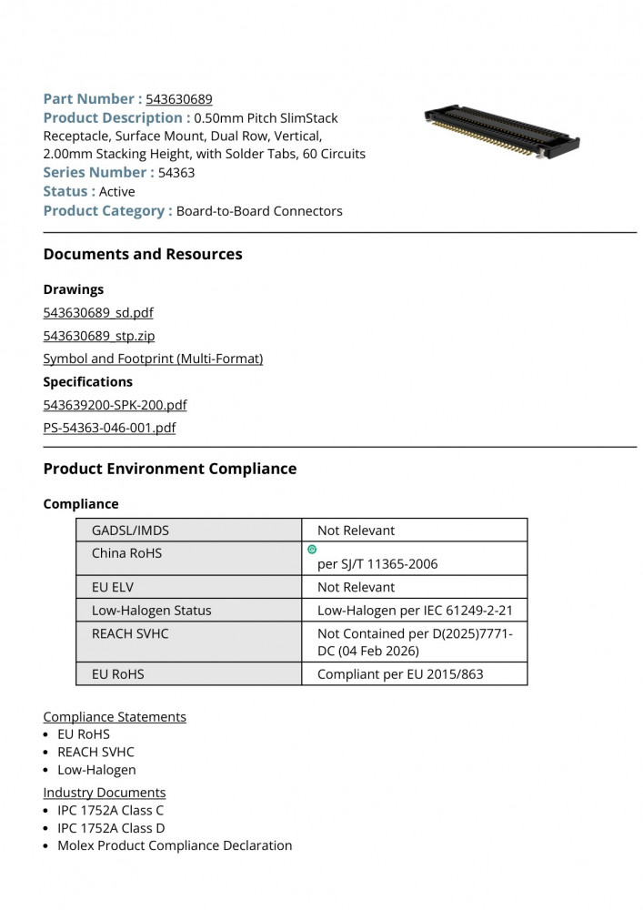 MOLEX 543630689 product document image, page 1