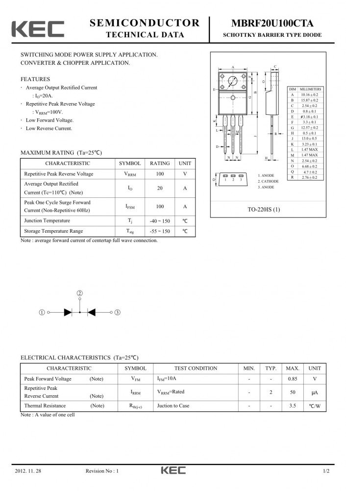 MBRF20U100CTA-U/P datasheet page 1