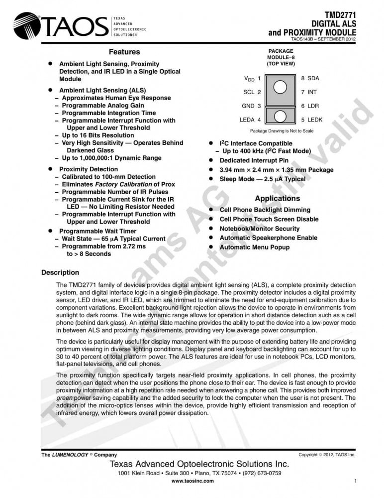 TMD2771 documentation page 2