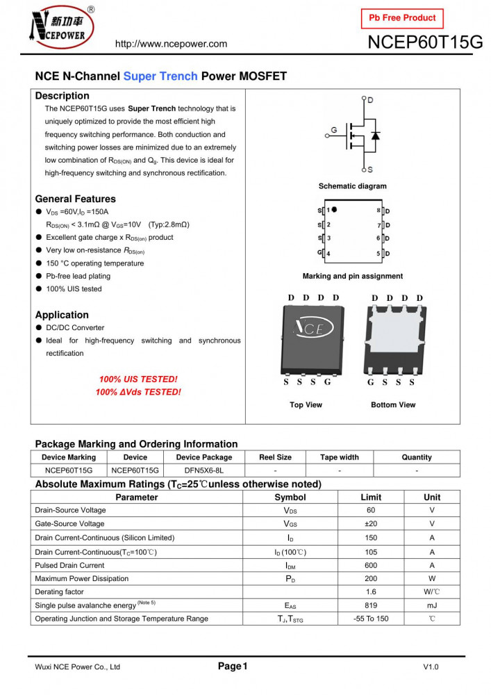 NCEP60T15G datasheet page 1