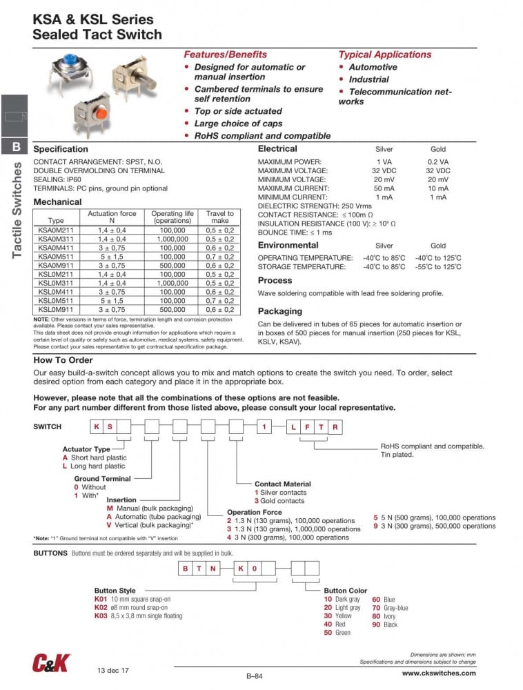 C&K KSA0V311LFTR datasheet page 1