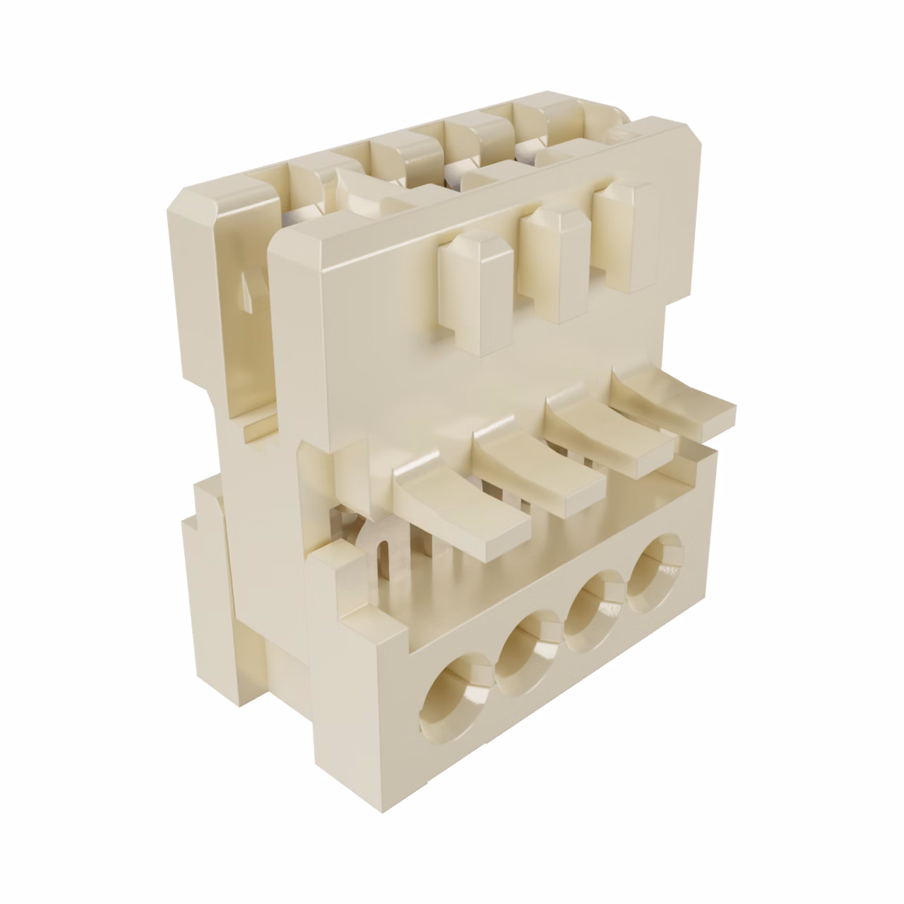 Appli-Mate RAST 2.5 Connector, 2.50mm Pitch, Female, 4 Circuits, Positions A and E Removed, Polarizing Rib Between 2/3, Locking Pips, 1 Slotted and 1 Open Endwall, Tin Plating