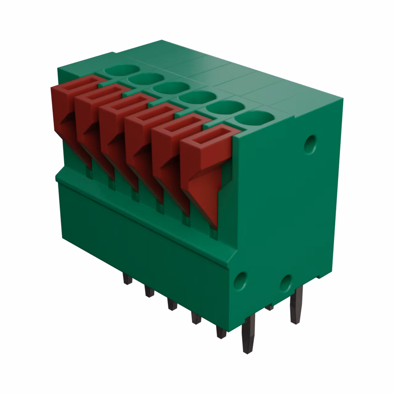 2.54mm Pitch, Eurostyle Fixed-Mount Push-Button Terminal Block, Vertical, 6A, 26-18 AWG, Green, 6 Circuits for sale