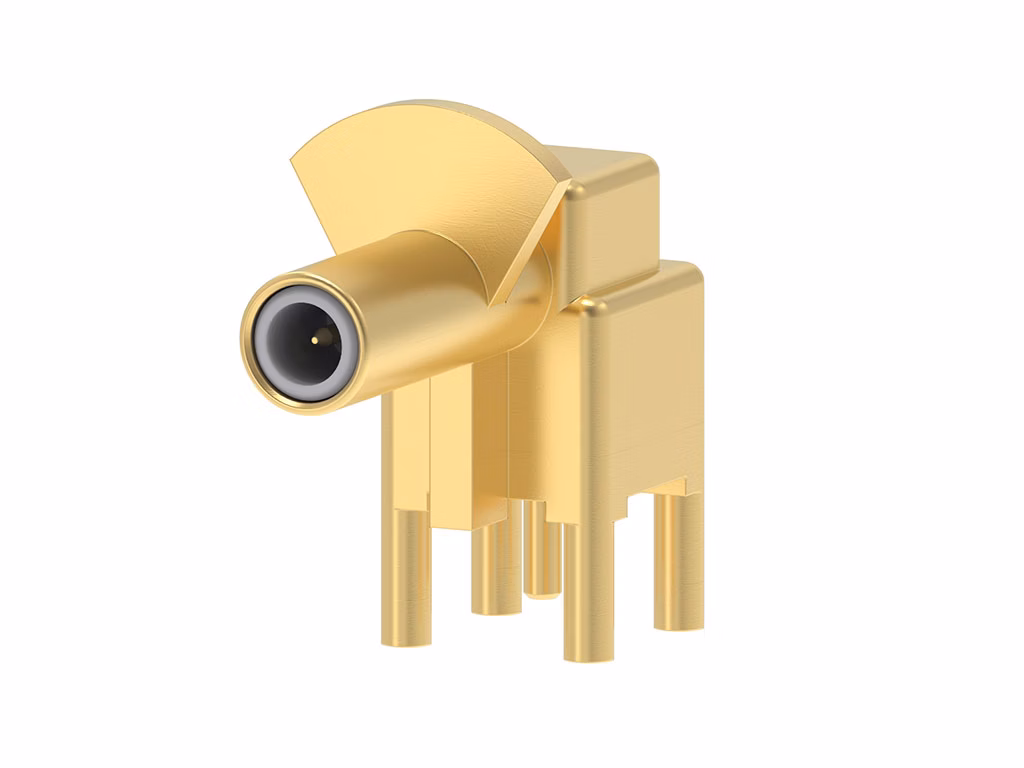 SMC Jack, Right-Angle, PCB Receptacle, Surface Mount, Brass Body, One Piece Per Bag, 50 Ohms