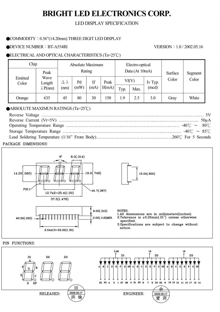 BT-A554RI specification document page 1
