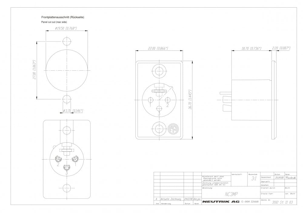 Neutrik NC3MP technical drawing page 1