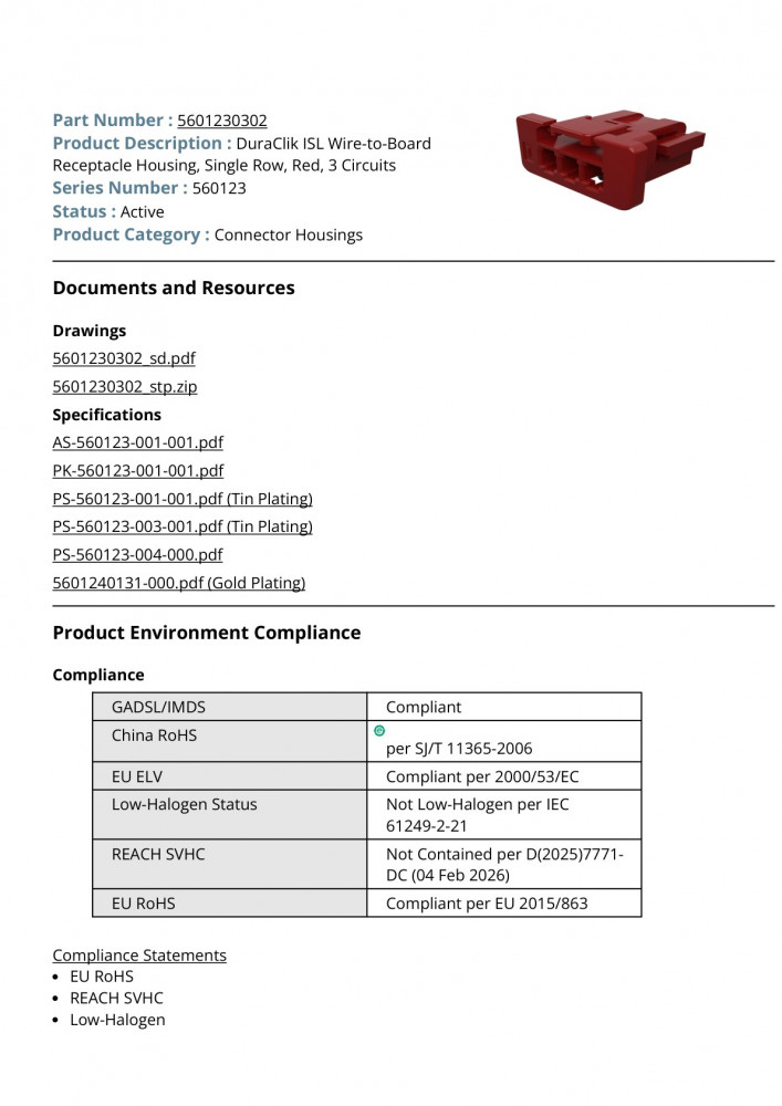MOLEX 5601230302 technical document, page 1