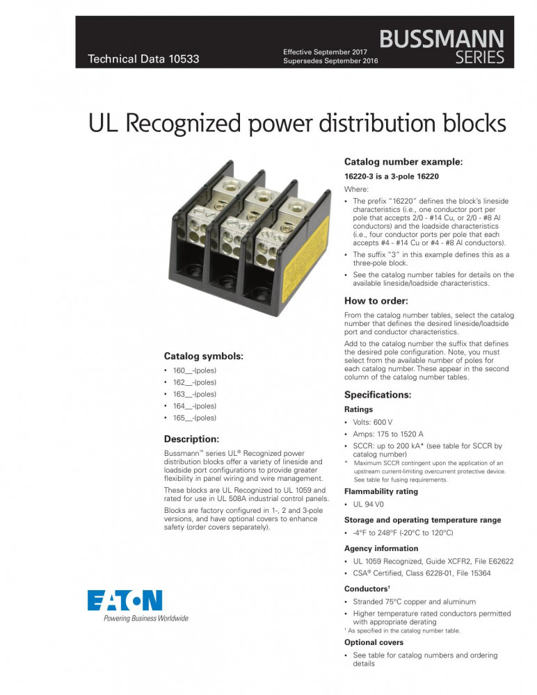 EATON Bussmann power distribution block catalog page 1