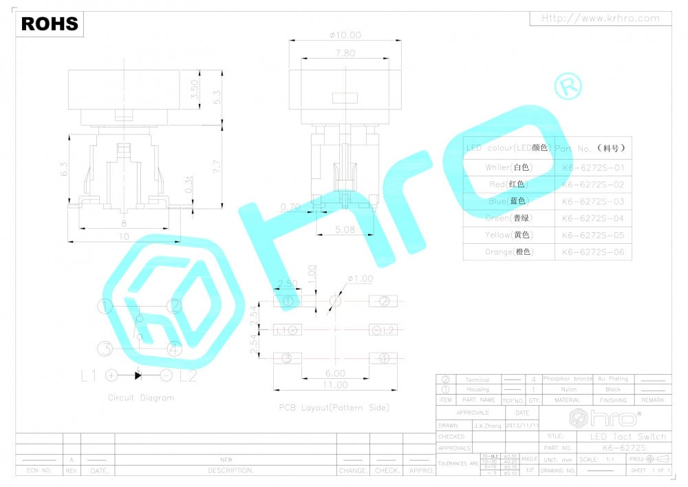K6-6272S LED tact switch technical drawing