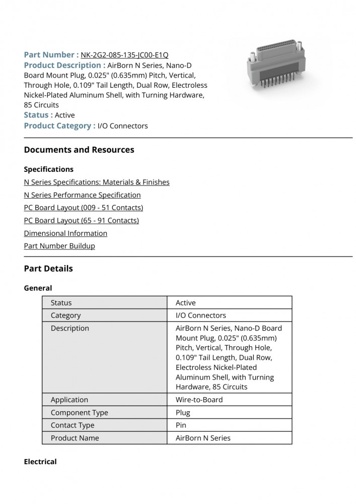 Technical document page 1 for the Nano-D connector