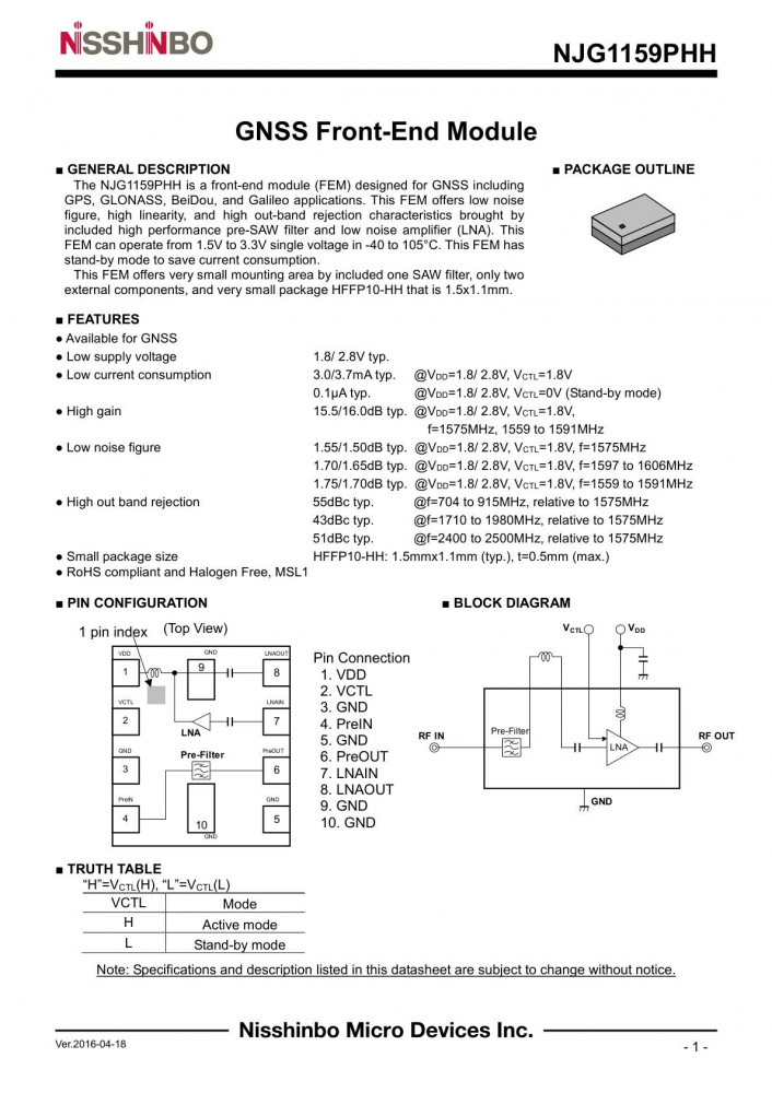 NJG1159PHH-TE1 datasheet page 1