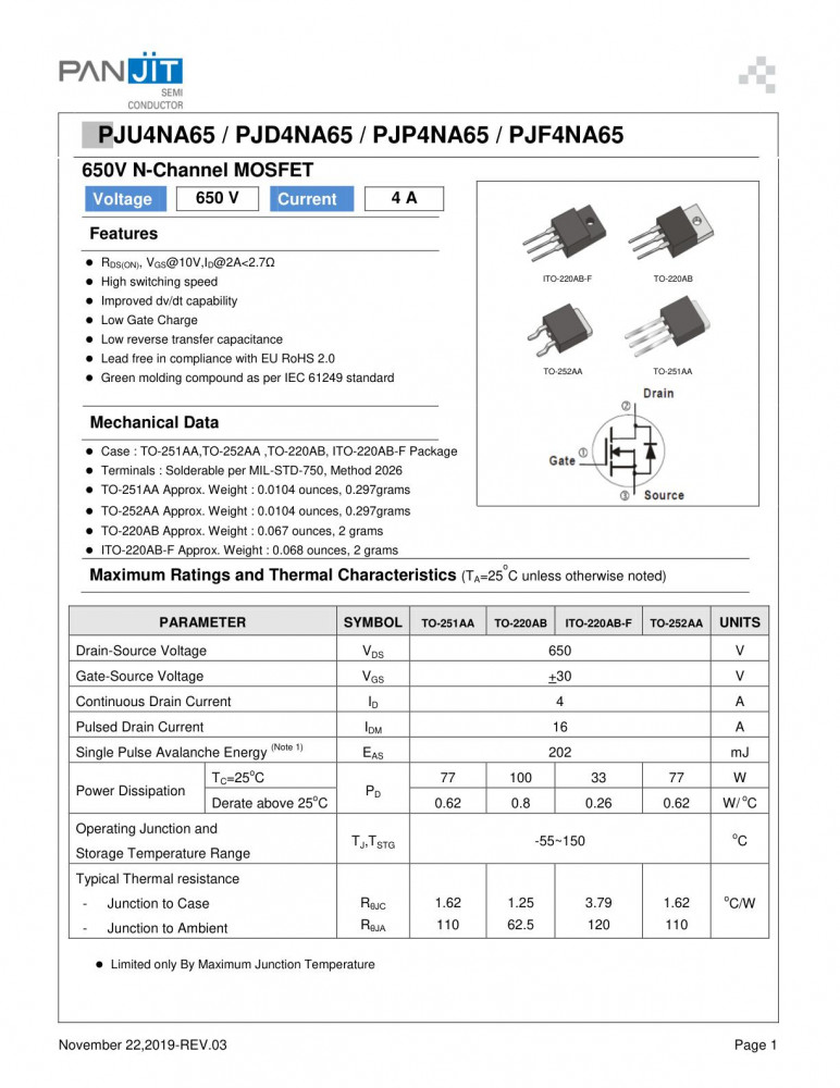 PANJIT PJD4NA65 datasheet page 1