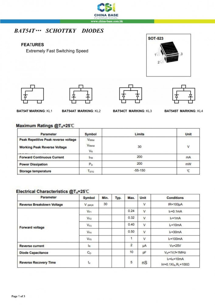 CBI BAT54ST datasheet page 1