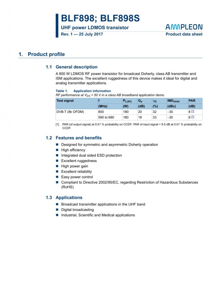 BLF898U datasheet page 1