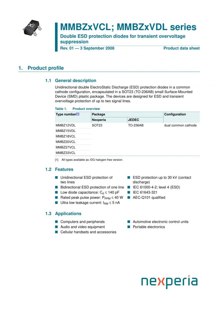 MMBZ20VCL datasheet page 1