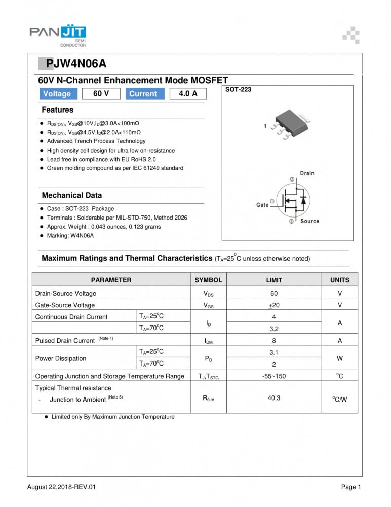 PJW4N06A datasheet page 1