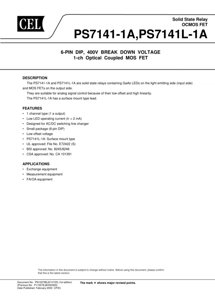 PS7141L-1A datasheet page 1