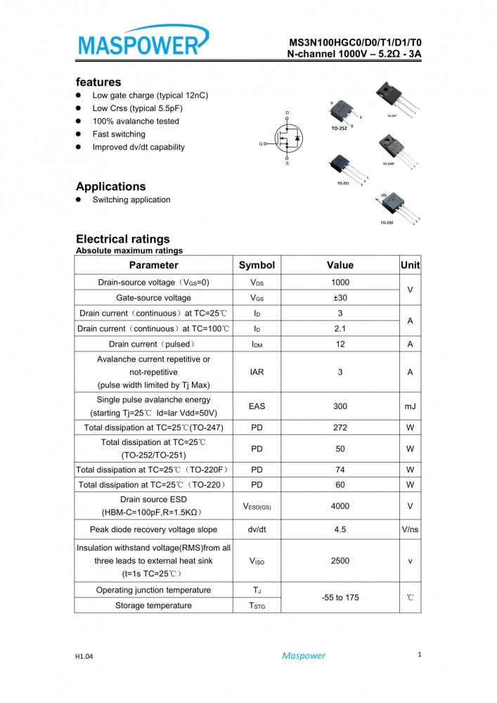 MS3N100HGD1 datasheet page 1