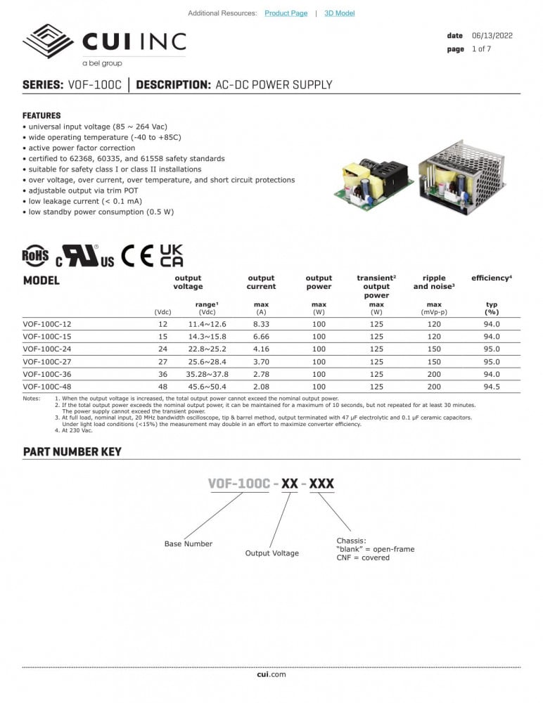 VOF-100C datasheet page 1