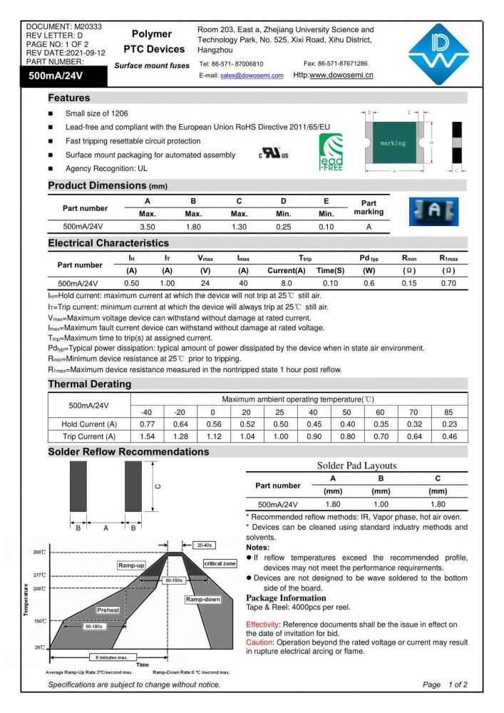 DOWO 500mA/24V datasheet page 1