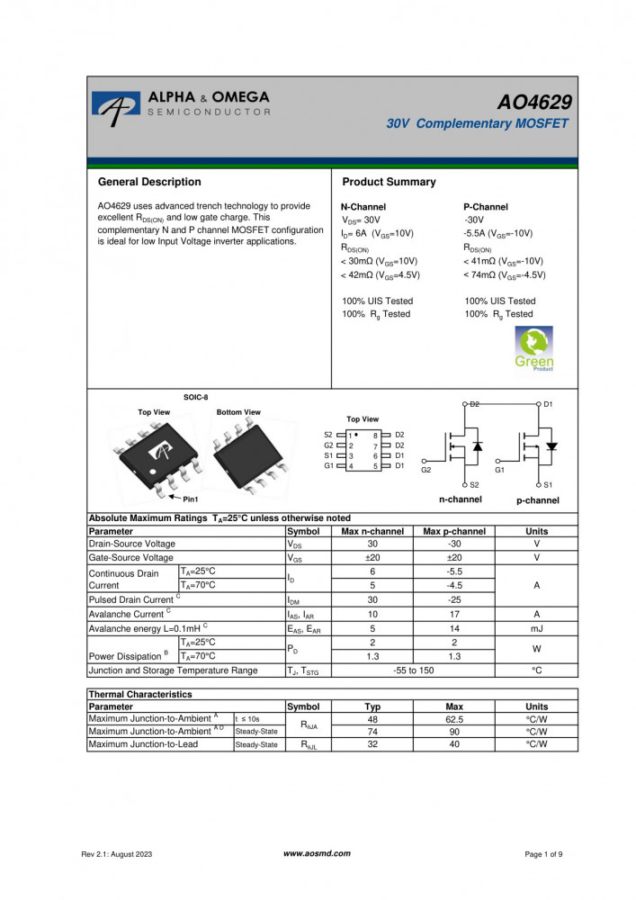 AO4629 datasheet page 1