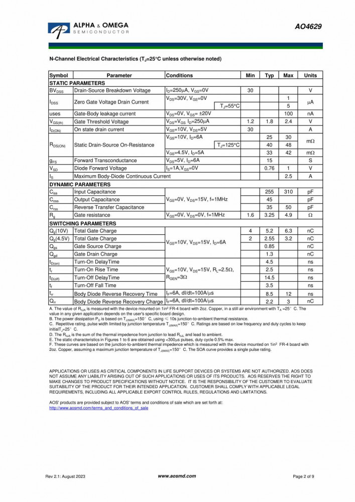 AO4629 datasheet page 2
