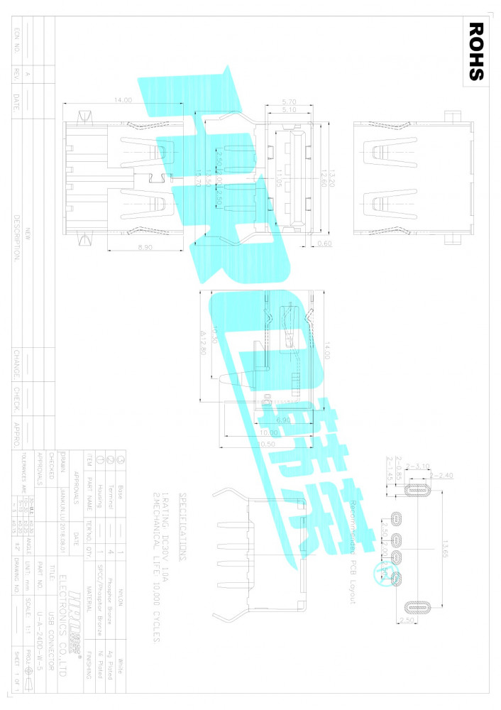 U-A-24DD-W-5 USB connector technical drawing