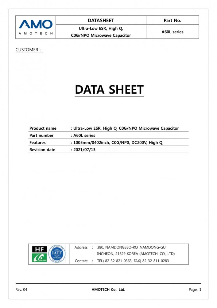 AMOTECH A60L datasheet page 1