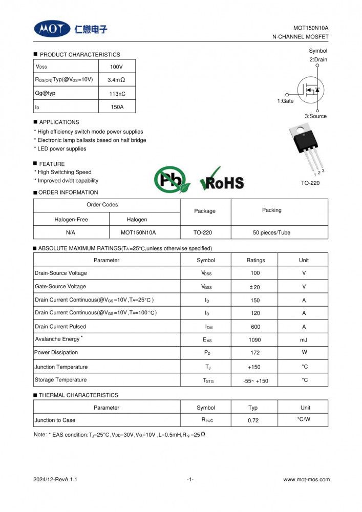 MOT150N10A datasheet page 1