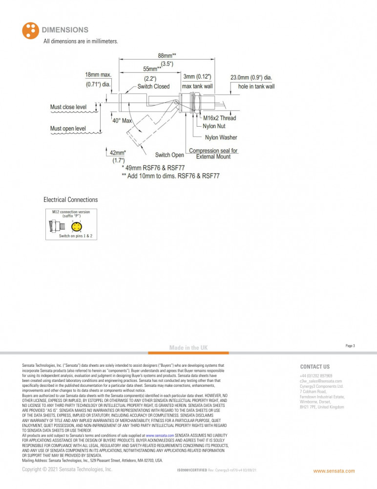 Sensata RSF70 series documentation page 3