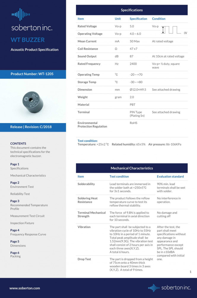 WT-1205 datasheet page 1: specifications and mechanical characteristics