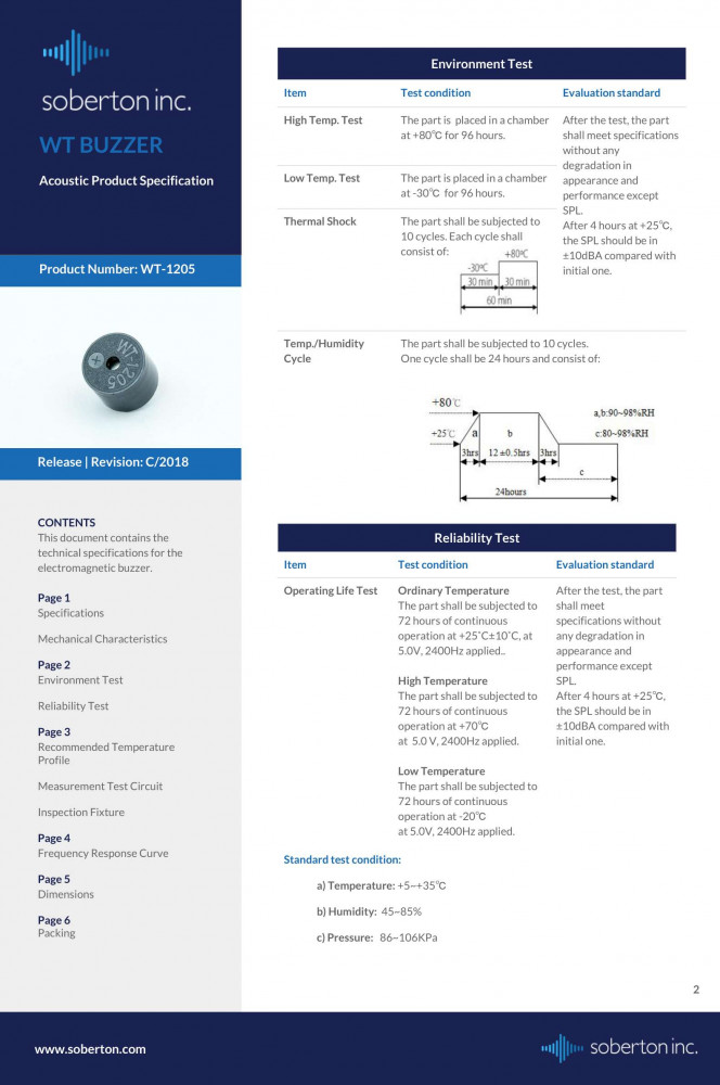 WT-1205 datasheet page 2: environmental and reliability tests