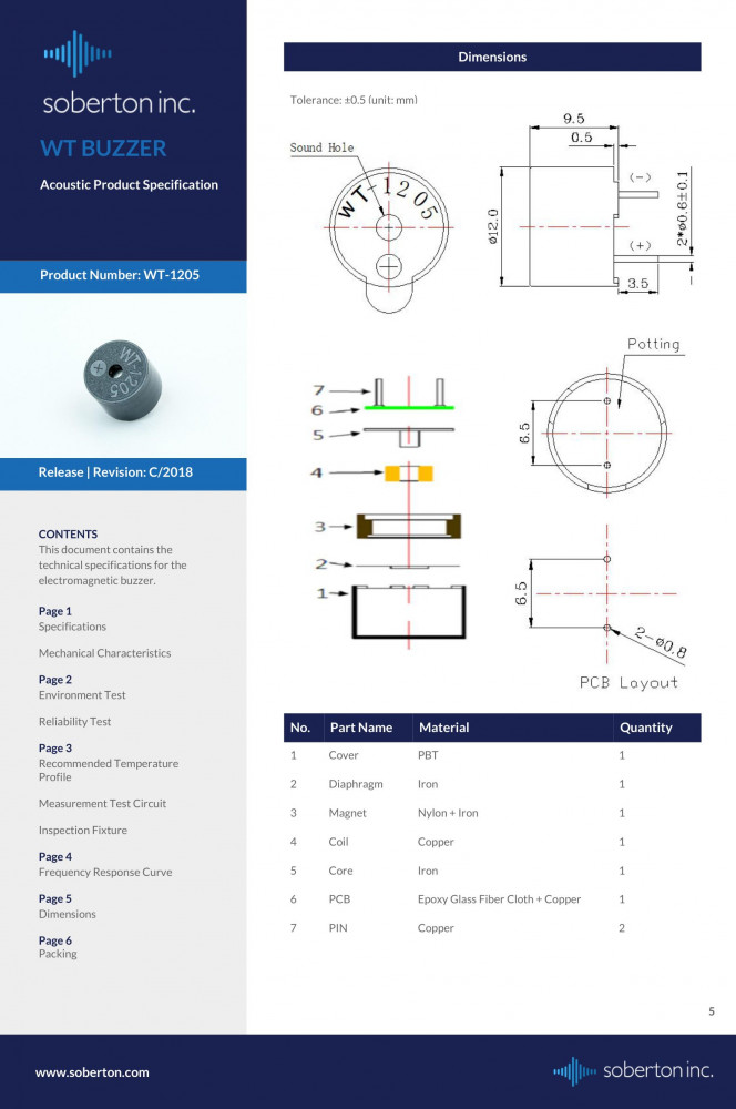 WT-1205 datasheet page 5: dimensions and PCB layout