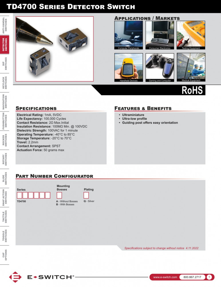 E-Switch TD4700 series detector switch documentation page 1