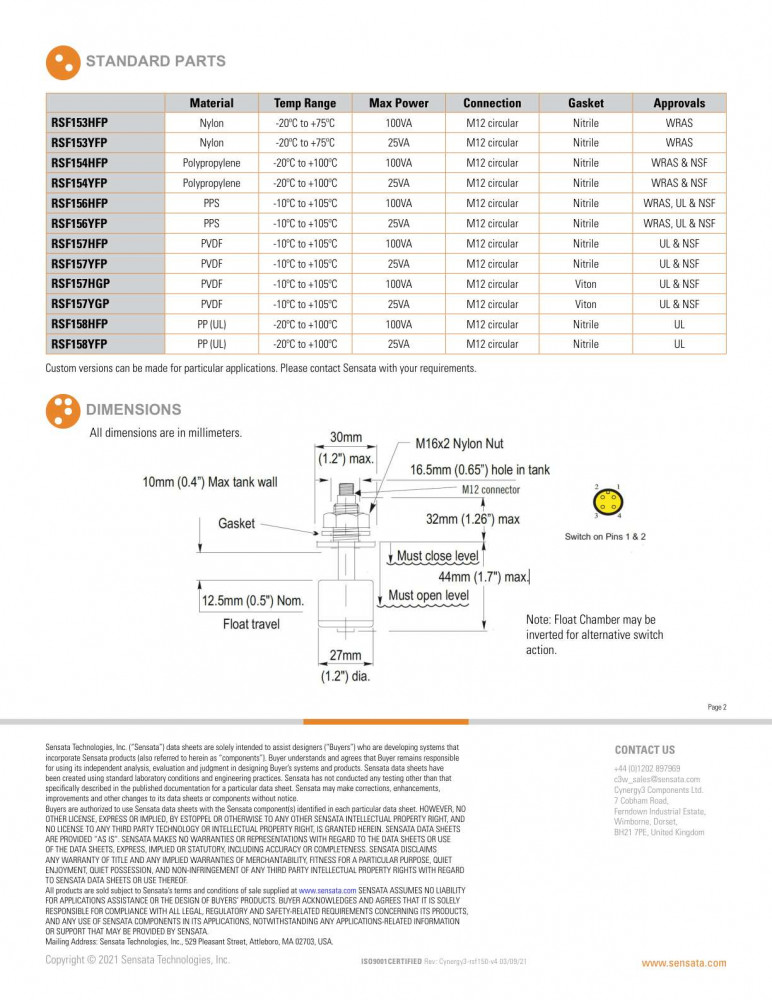 RSF150 series dimensions and ordering information