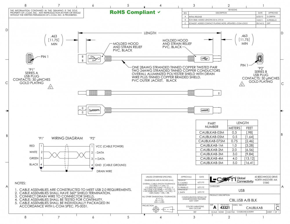CAUBLKAB USB A/B cable assembly technical drawing preview