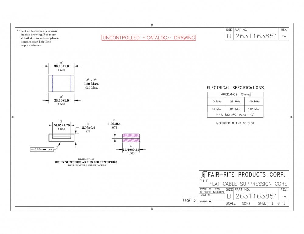 Fair-Rite 2631163851 flat cable suppression core drawing