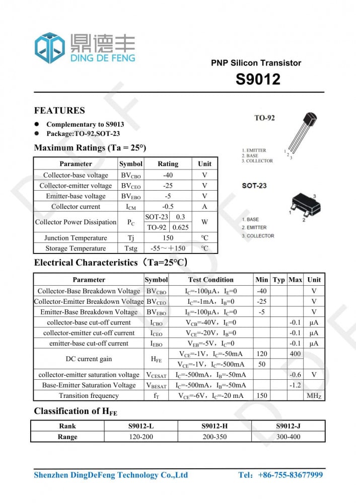 DDF S9012-SOT-23 technical document page
