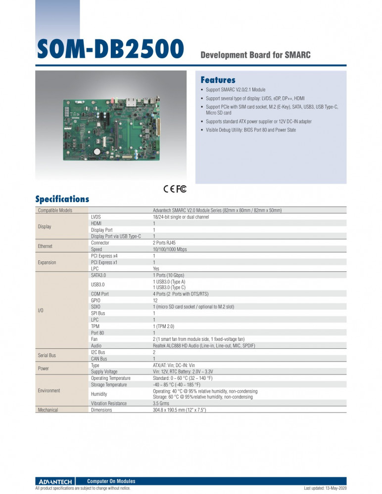 ADVANTECH SOM-DB2500-00A1 product specification page